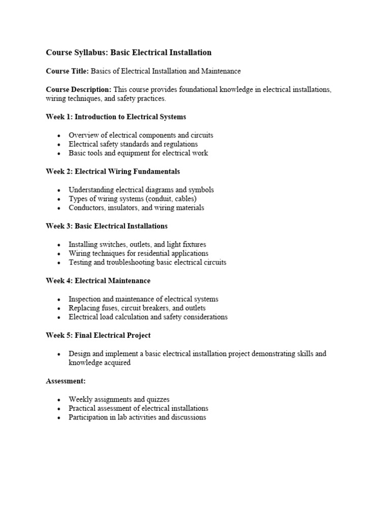 Course Syllabus Basic Electrical Installation | PDF