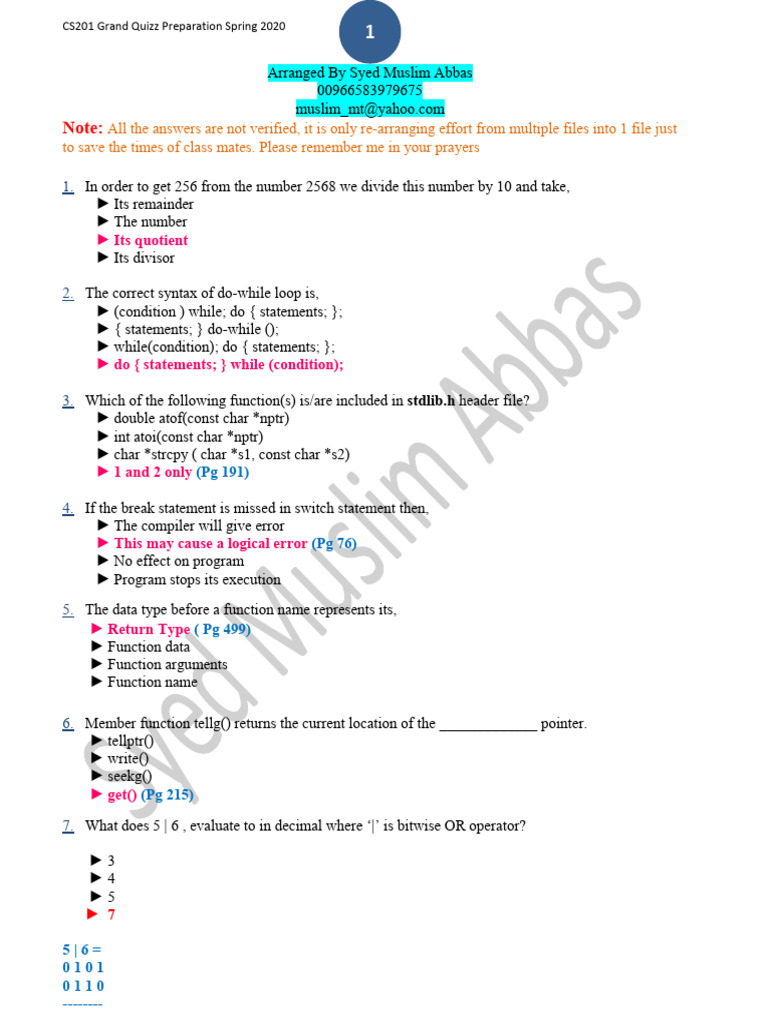 CS201 Grand Quizz File | PDF | Pointer (Computer Programming) | Integer (Computer Science)