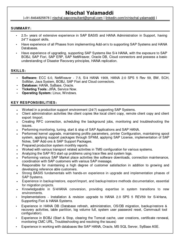 Nischal Yalamaddi SAP Resume | PDF | Databases | Backup
