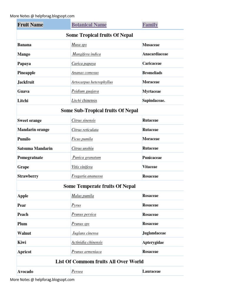 Botanical Names of Common Fruits | PDF | Citrus | Fruit
