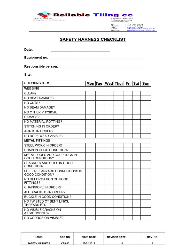 033-Safety Harness Checklist | PDF | Business | Technology & Engineering
