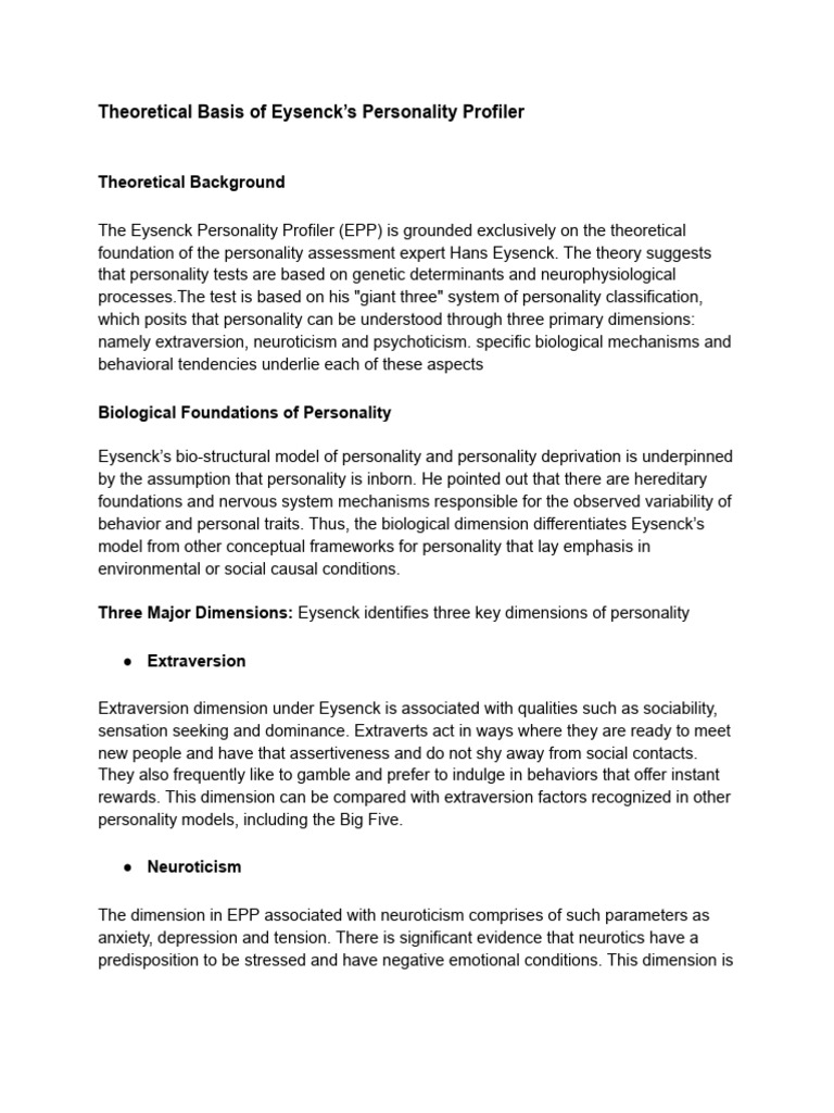 Theoretical Basis of Eysenck's Personality Profiler | PDF | Extraversion And Introversion ...