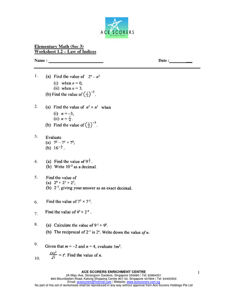 Sec 3 Math Worksheet: Law of Indices | PDF