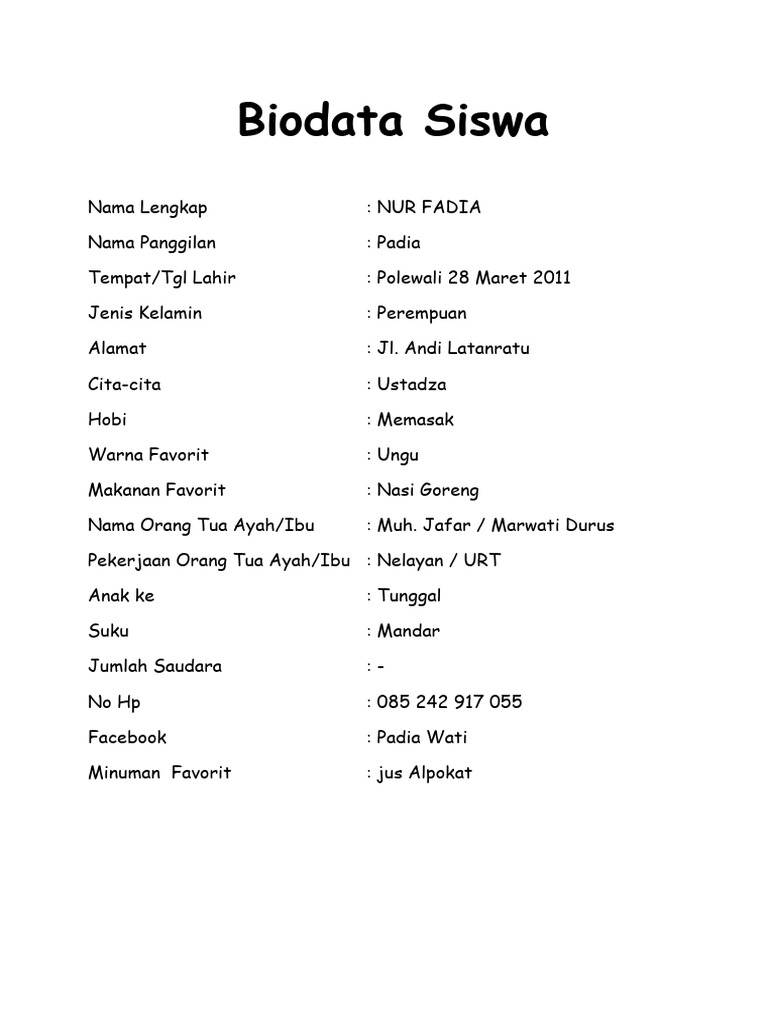 Biodata Siswa Padia | PDF