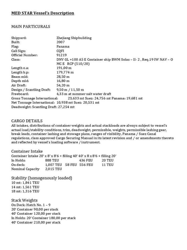 Med Star Vessel Specifications Overview | PDF | Crane (Machine) | Shipping