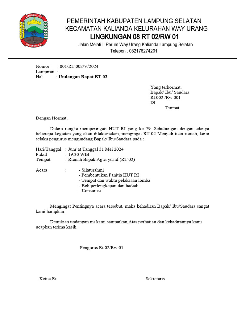 Surat Undangan Rapat RT Fornat Word | PDF
