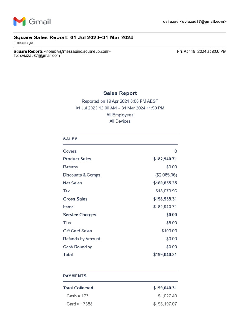 Gmail - Square Sales Report - 01 Jul 2023-31 Mar 2024 | PDF | Bacon ...