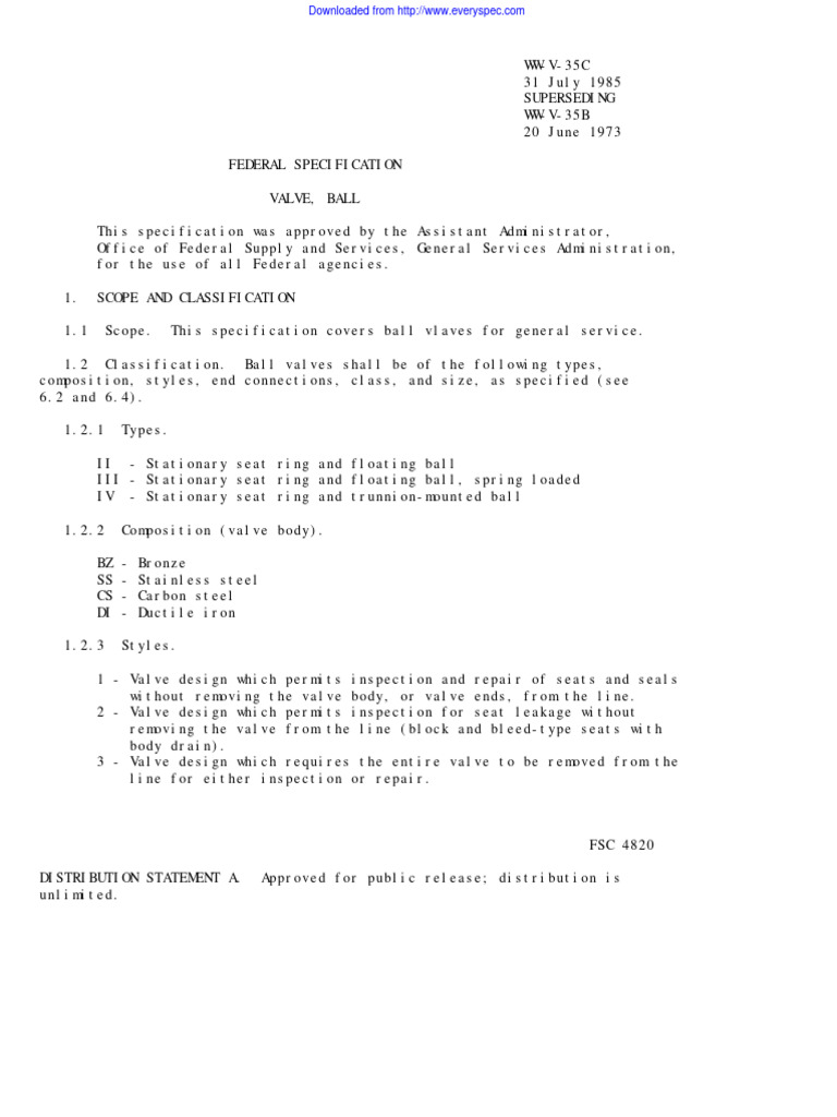 WW-V-35C Federal Spec - Ball Valve | PDF | Specification (Technical ...