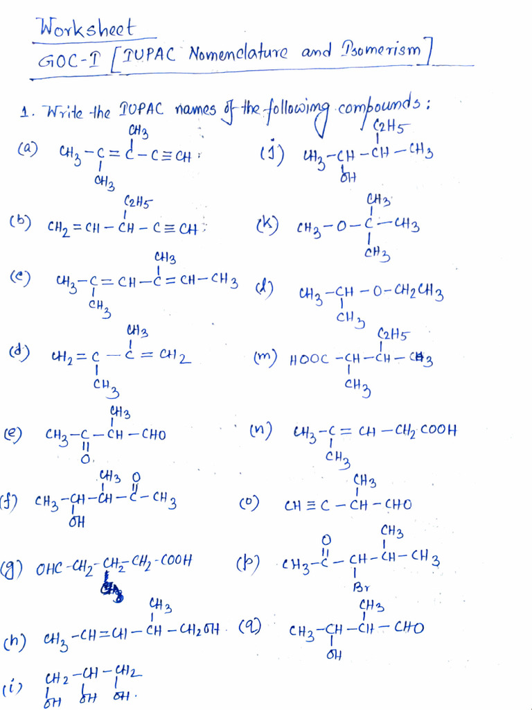 Worksheet - GOC-I (IUPAC and Isomerism) | PDF | Organic Chemistry | Chemistry