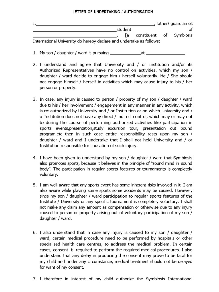 Indemnification Undertaking by Student - 3 | PDF | Informed Consent ...