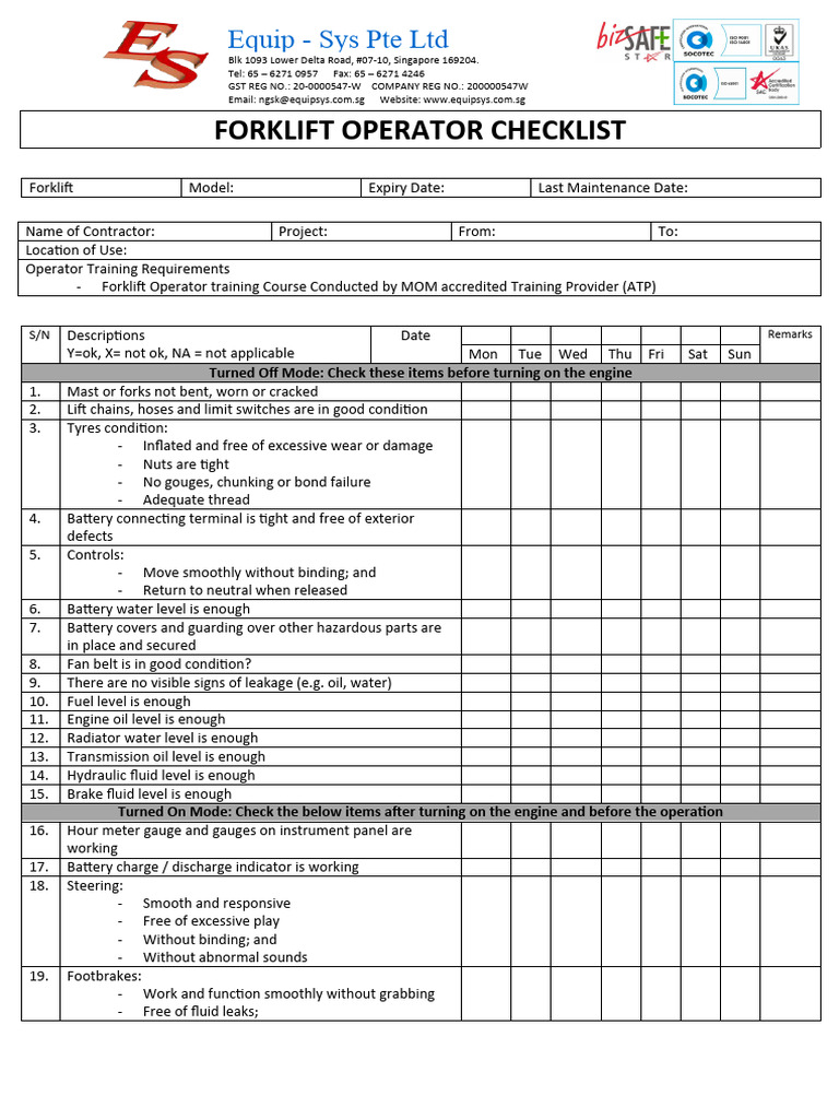 EquipSys Forklift Operator Checklist | PDF | Forklift | Automotive Industry