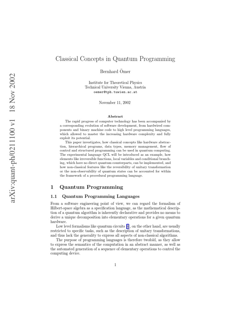 Bernhard Omer - Classical Concepts in Quantum Programming | PDF ...