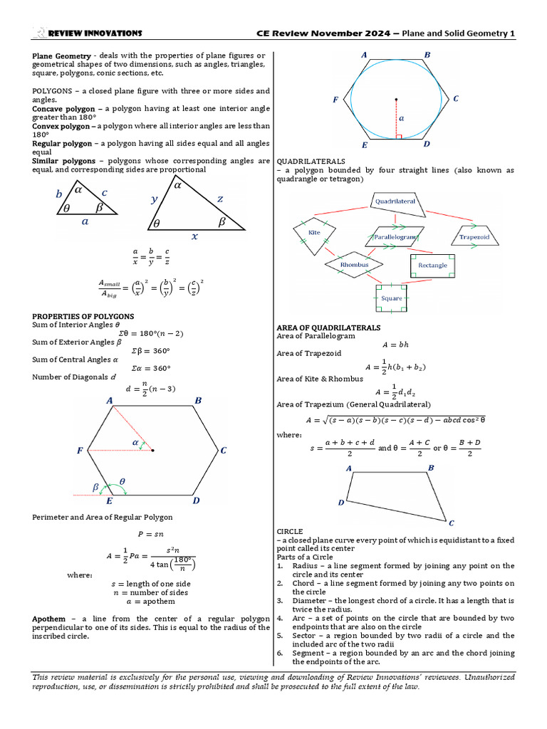 Plane & Solid Geometry 1 - Online | PDF | Circle | Area