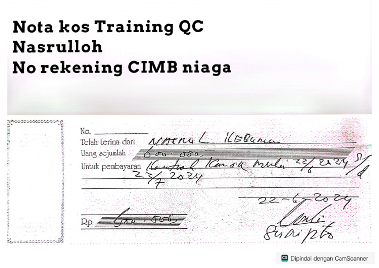 Nota Pembayaran Kost Training QC | PDF