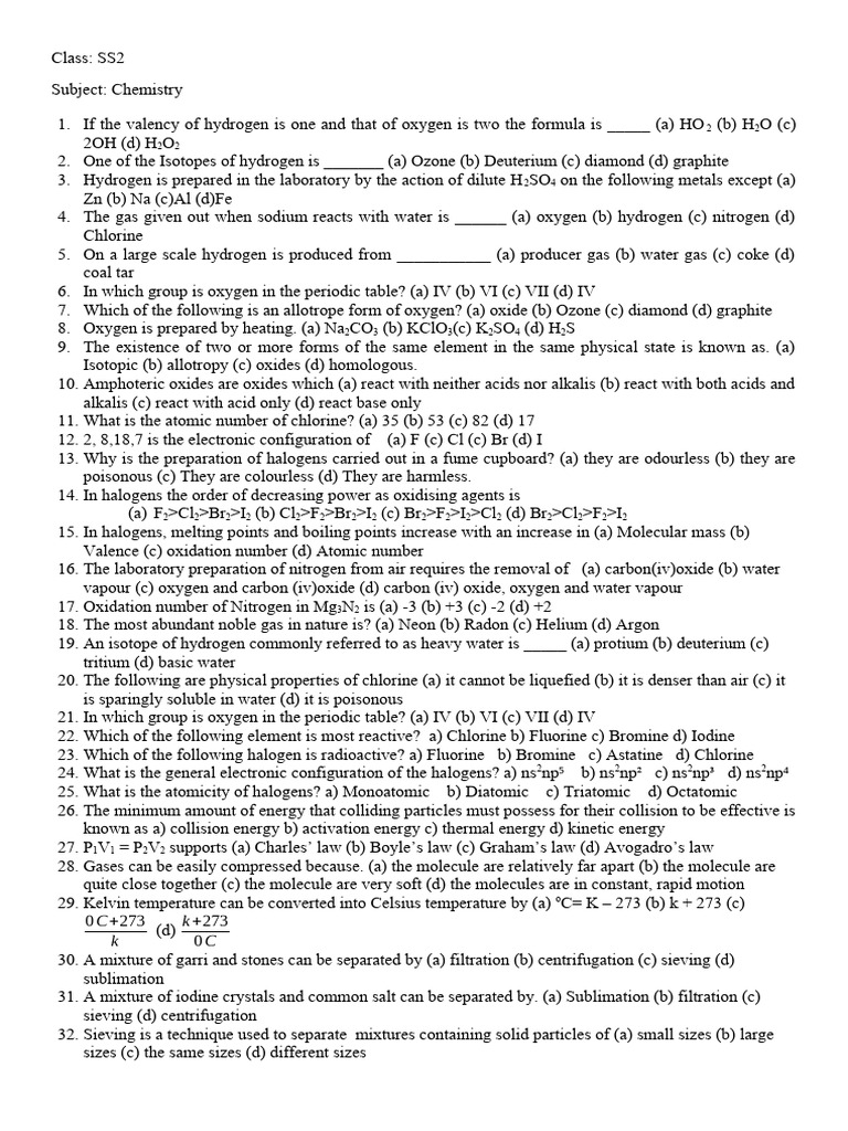 SS2 Chemistry Second Term Exam Guide | PDF | Chlorine | Physical Sciences