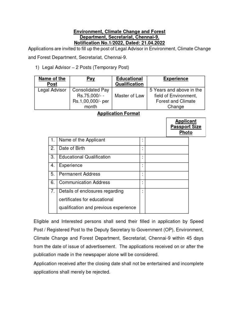 TN Govt Forest Department 02 Legal Advisor Posts Notification ...