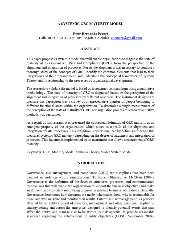 A Systemic GRC Maturity Model Emir H Per | PDF | Governance | Variance