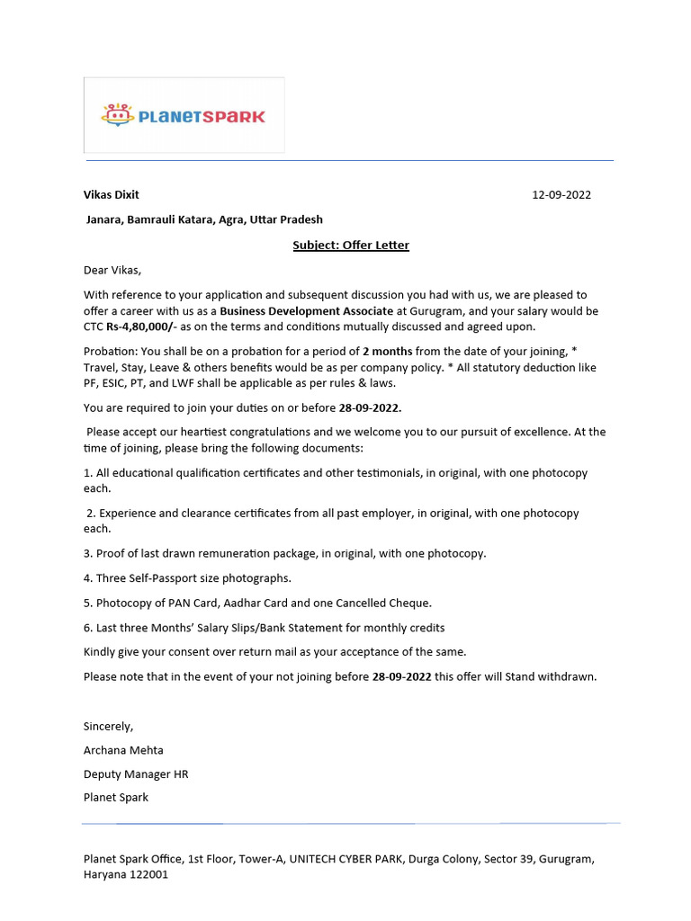 Vikas Dixit BDA Offer Letter | PDF
