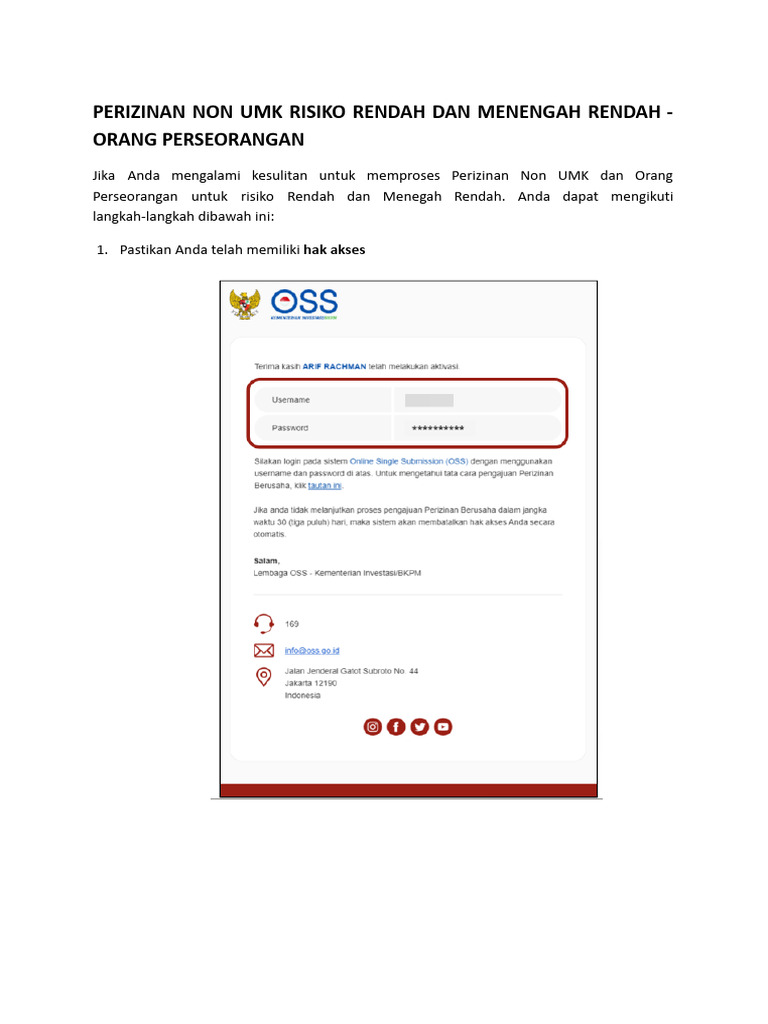 OSS - Cara Perizinan Non UMK Risiko Rendah Dan Menengah Rendah (Orang Perseorangan) | PDF ...