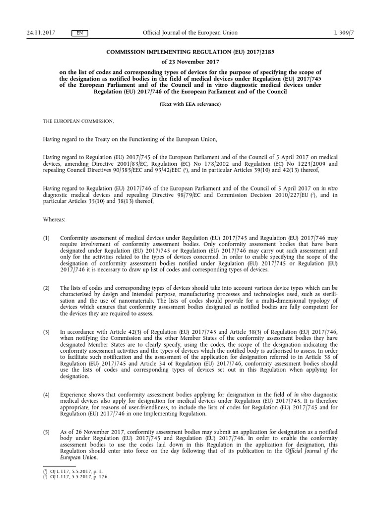 (EU) 2017 - 2185 Codes | PDF | Infection | Medical Device