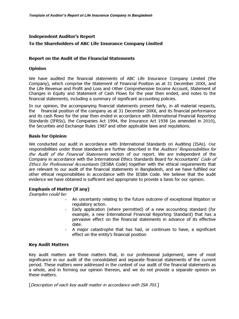 Auditor's Report Template for Bangladesh Life Insurance | PDF ...