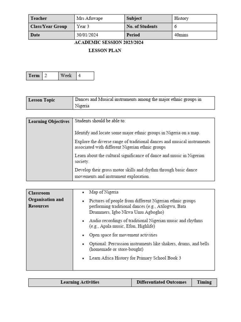 History Lesson Plan On Dances and Musical Instruments Among The Major ...