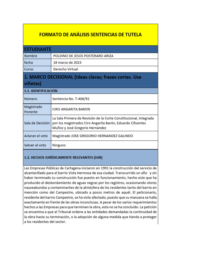 Tarea No. 1. Sentencia T406 92 | PDF | Constitución | Caso de ley