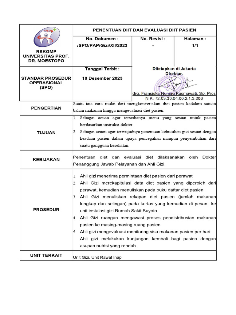 SPO Penentuan Diit Dan Evaluasi Diit Pasien | PDF | Kesehatan Holistik