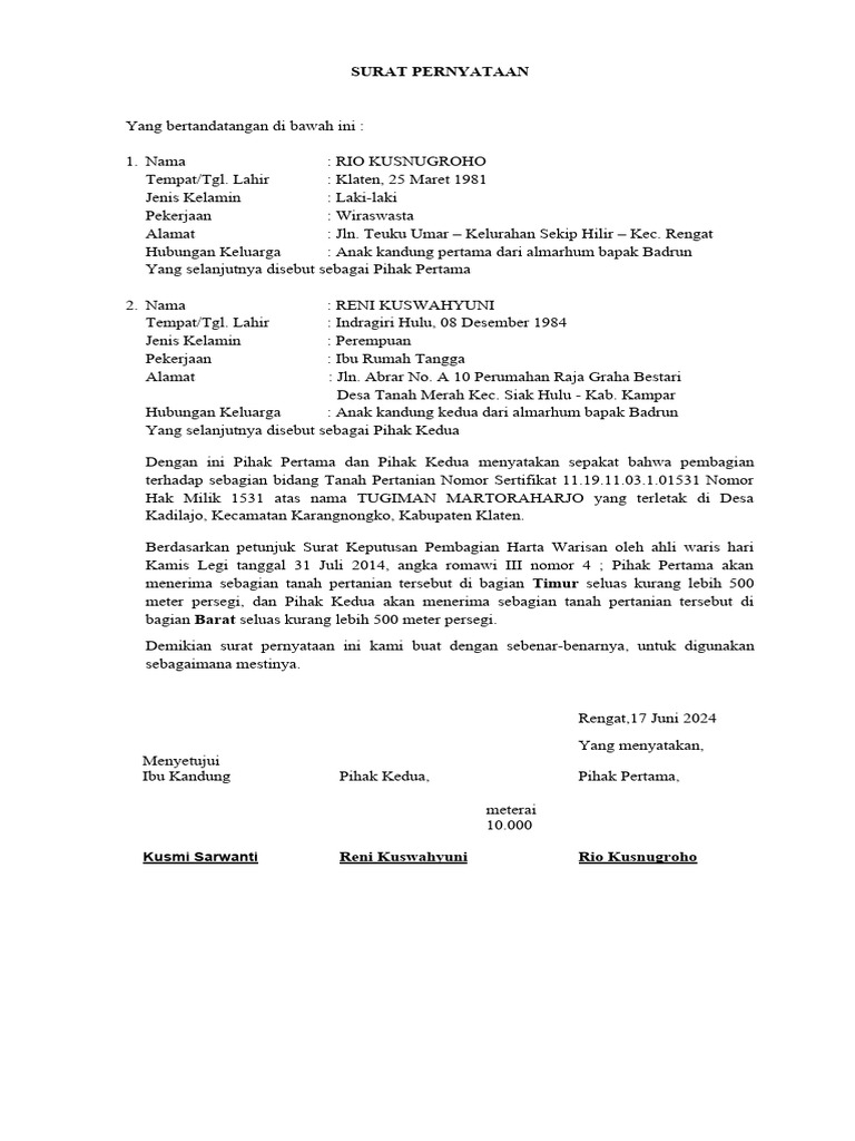 SURAT PERNYATAAN KESEPAKATAN Mas Rio-Mbak Reni Fersi 2 | PDF