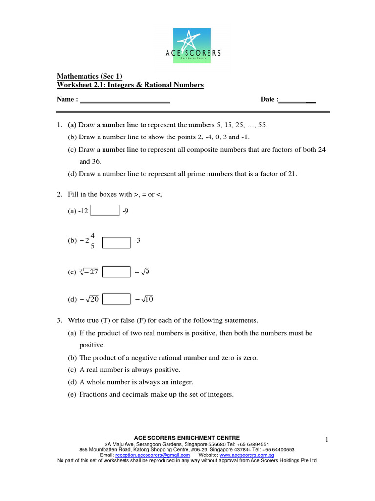 Worksheet 2.1 (Integers & Rational Numbers) - CLEARED BUT NO ANS | PDF ...