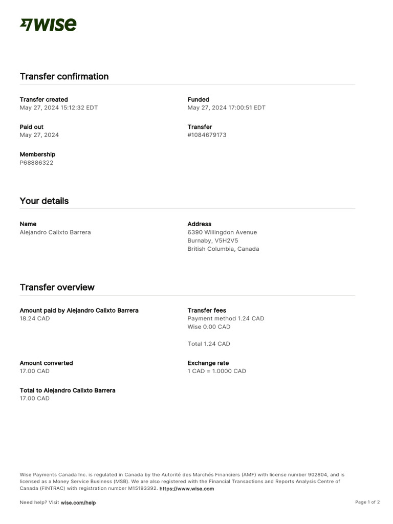 Wise Transaction Invoice Transfer 1084679173 3128152752 Es | PDF ...