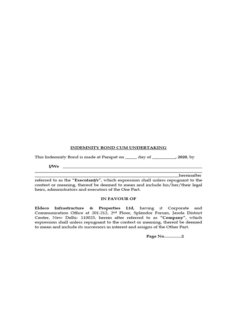 Eldeco I Bond Possession Undertaking Without CC Before Possession | PDF | Indemnity | Deed