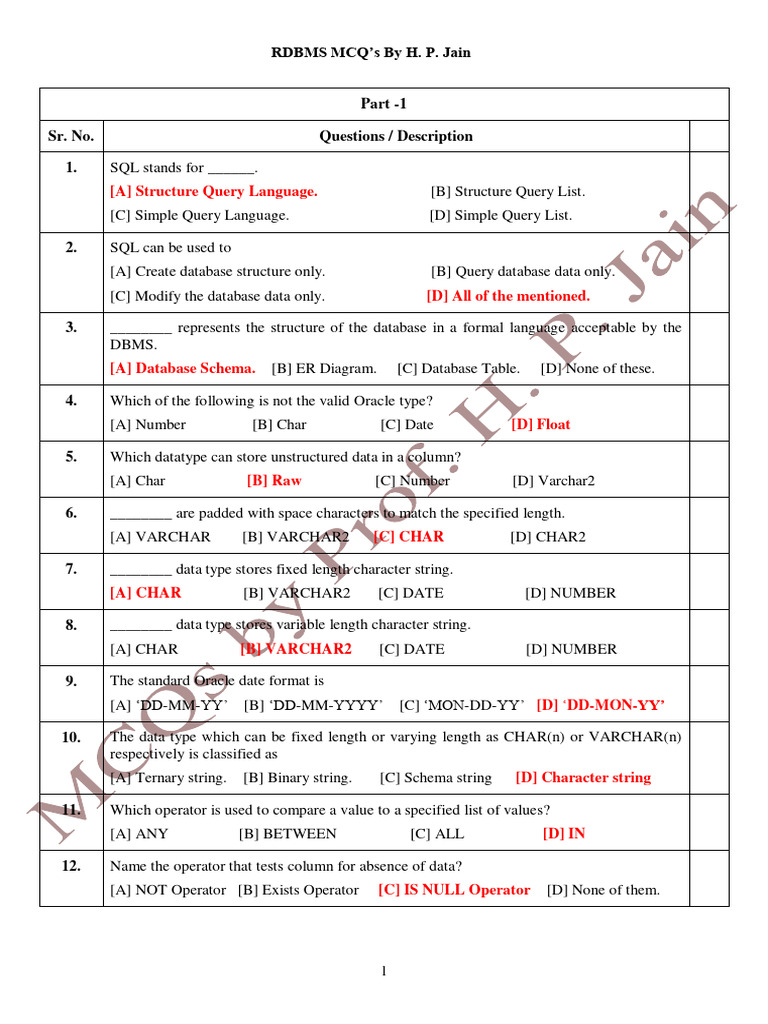 Rdbmsmcqs Part 1 | Download Free PDF | Sql | Relational Database