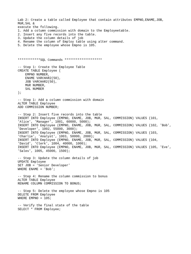 Lab 2 Create a table called Employe | PDF