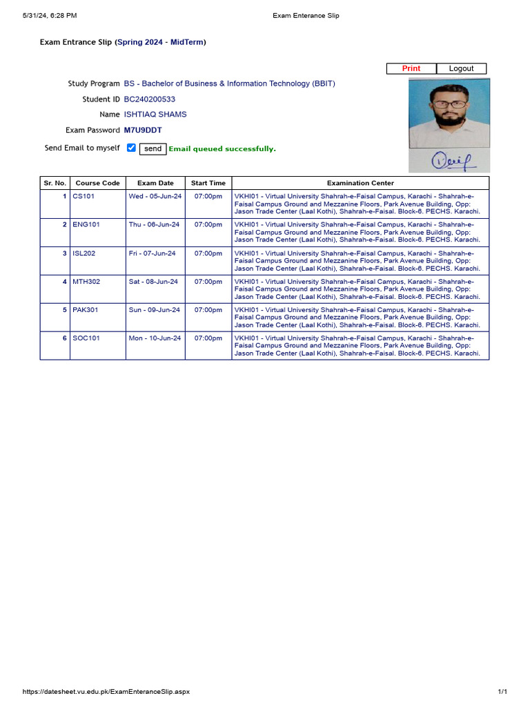 Mid-term Exam Enterance Slip | PDF
