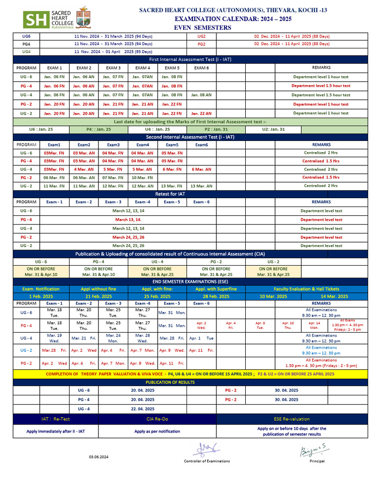 2024 - 25 Even Sem Exam Calendar | PDF | Evaluation | Educational Assessment And Evaluation