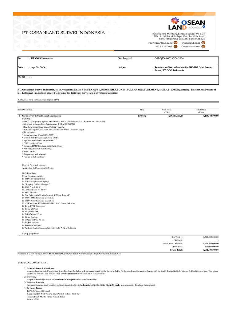 OSI-QTN - 000332 - 04 - 2024 - PT OGS Indonesia (Norbit IWMBS Multibeam Sonar) | PDF ...