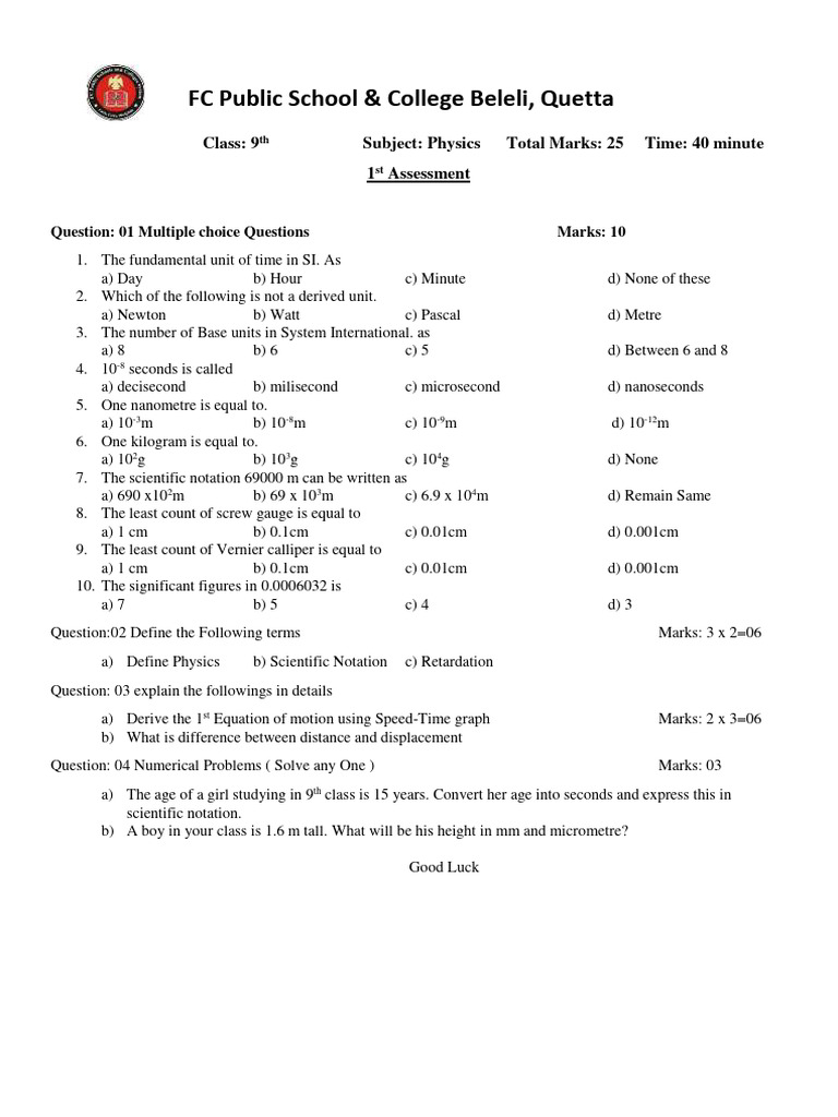 9th Grade Physics Assessment | PDF | Units Of Measurement | Metrology