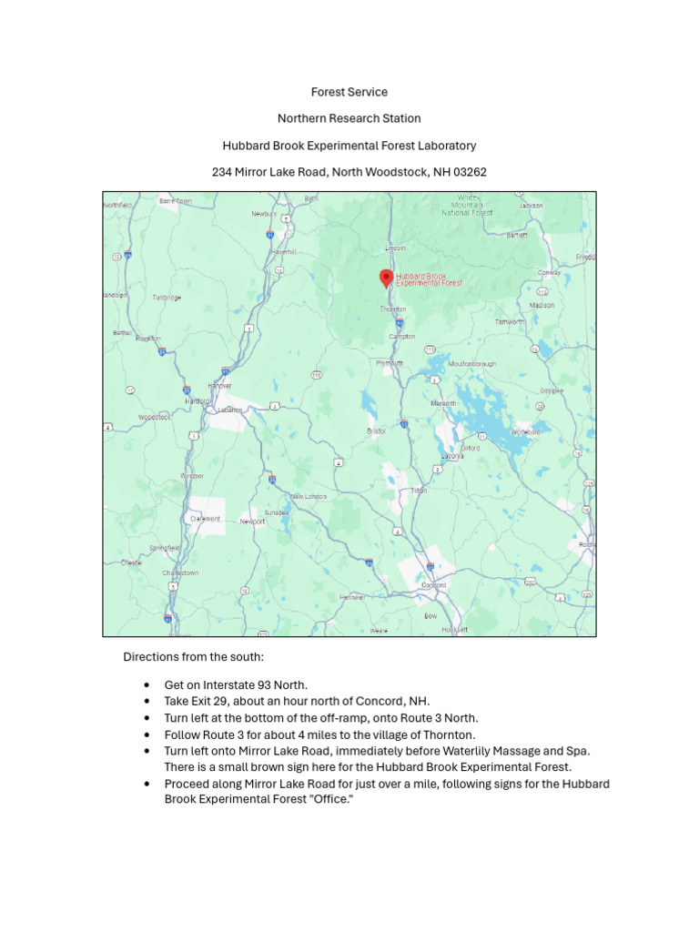Hubbard Brook Forest Directions | PDF