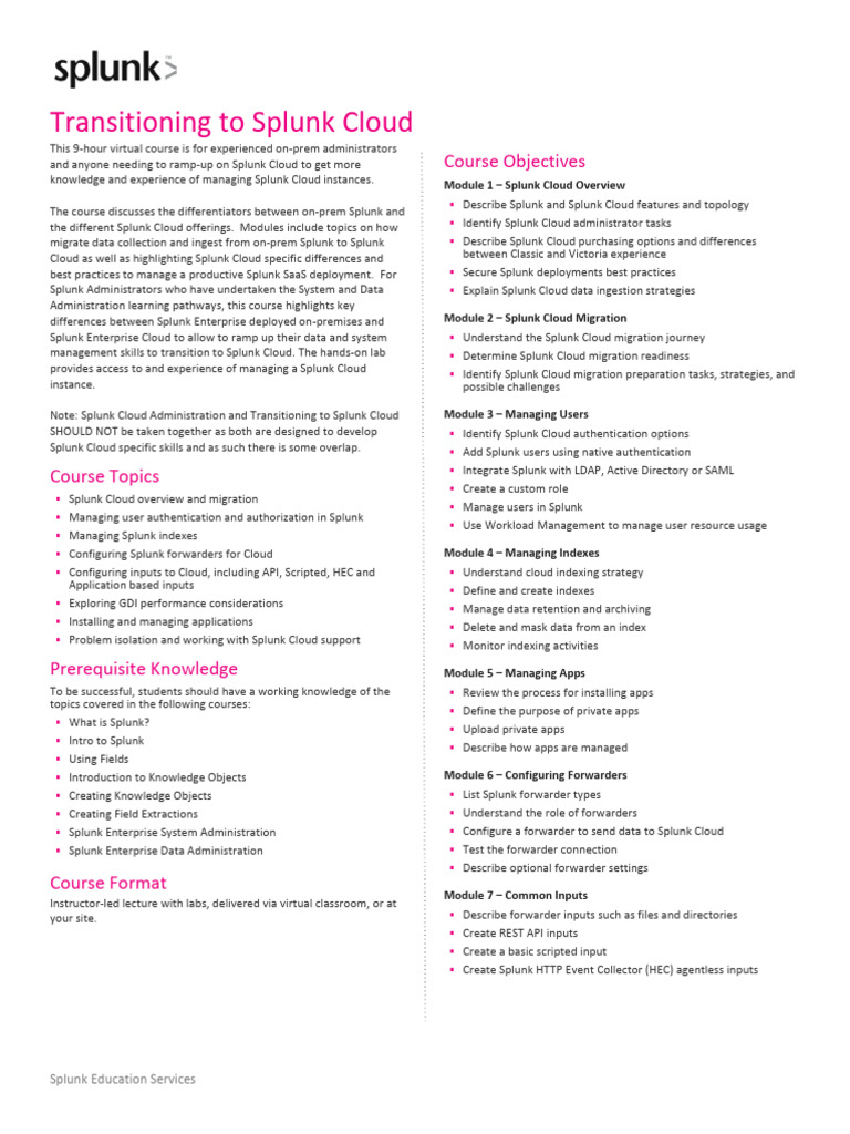 Transitioning To Splunk Cloud Course Description | PDF | Cloud Computing | Mobile App
