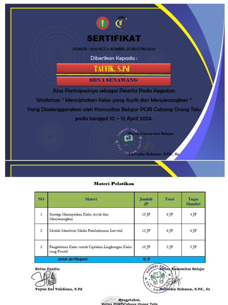 SERTIFIKAT TAUFIK, S.PD - 32 JAM | PDF