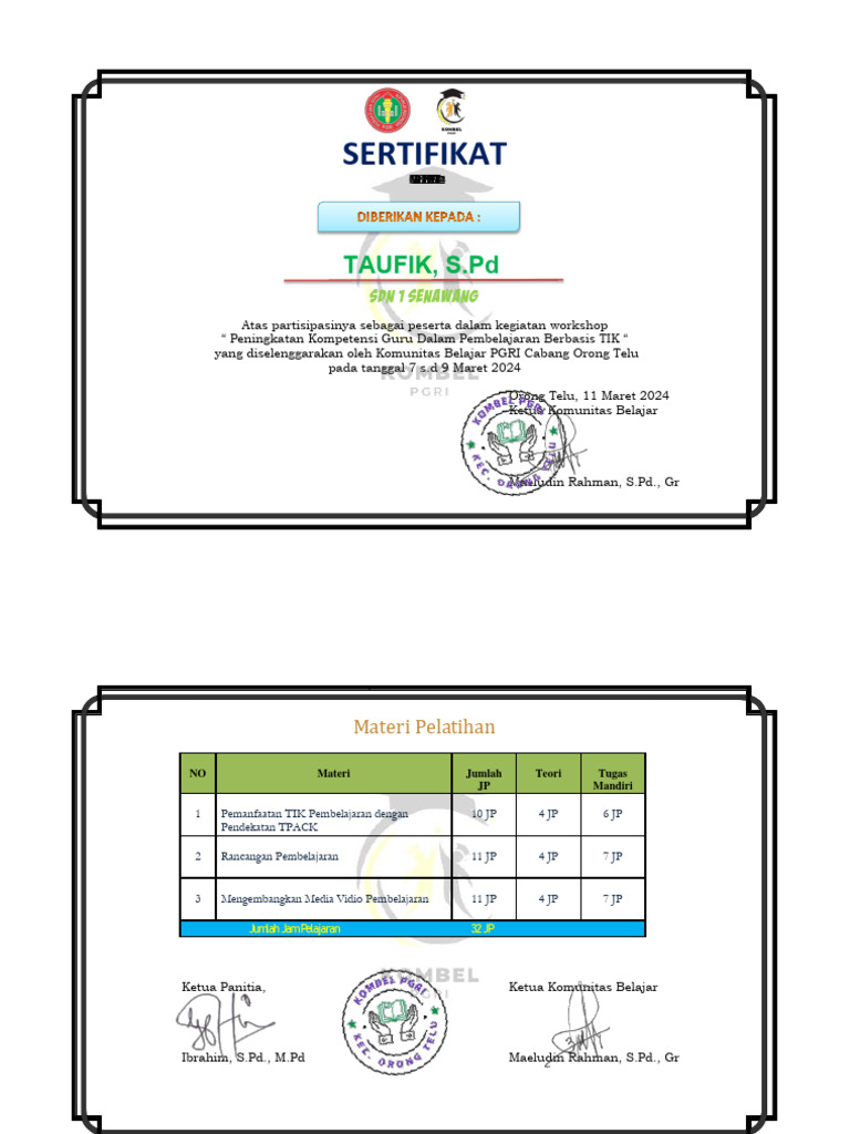 Sertifikat Pelatihan 32 JP Guru TIK | PDF