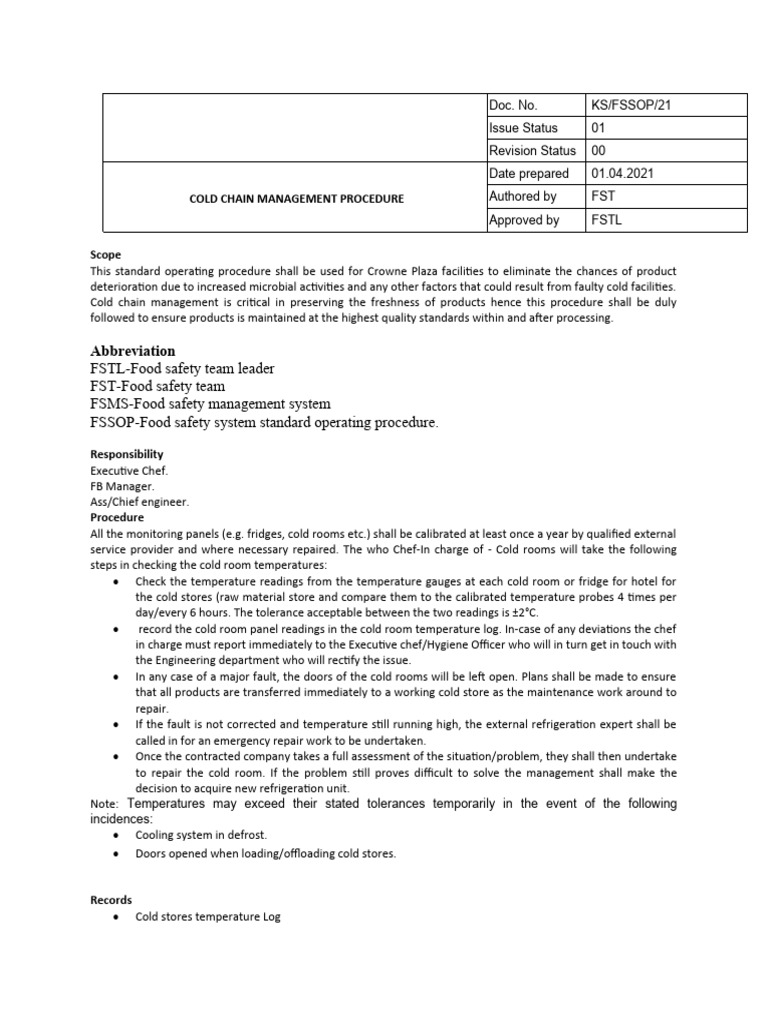 21cold Chain Management Sop Pdf Refrigeration Refrigerator