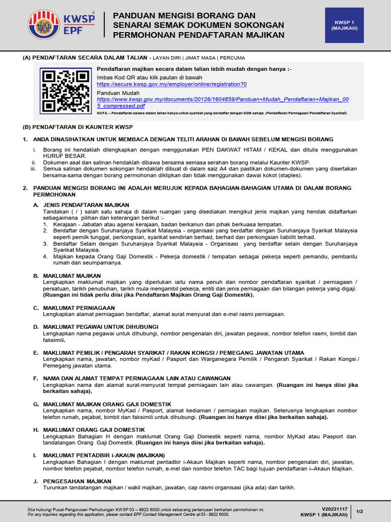 Form - KWSP - 1 - MAJ - Permohonan Pendaftaran Majikan - BM | PDF