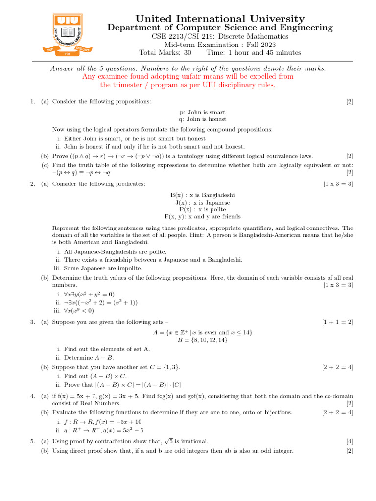 Fall 23 Mid Cse 2213 Uiu | PDF | Proposition | Mathematics