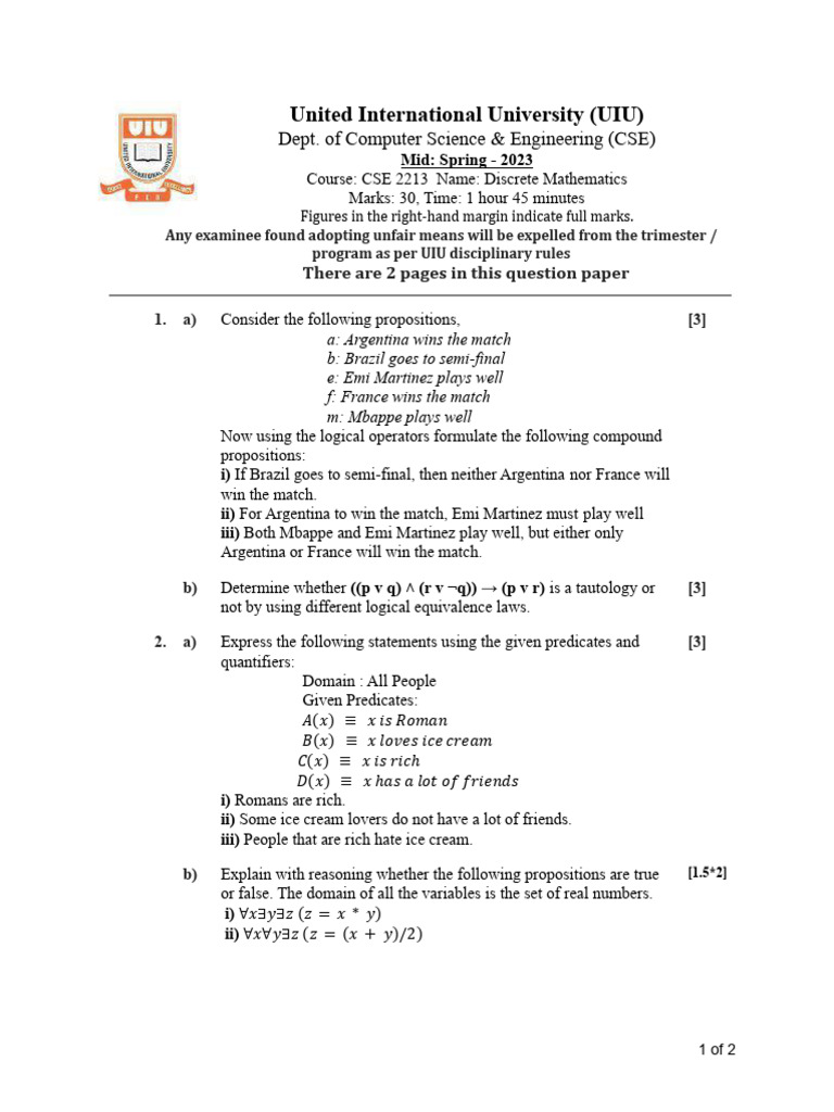 Spring 23 Mid Cse 2213 Uiu | PDF | Metalogic | Syntax (Logic)