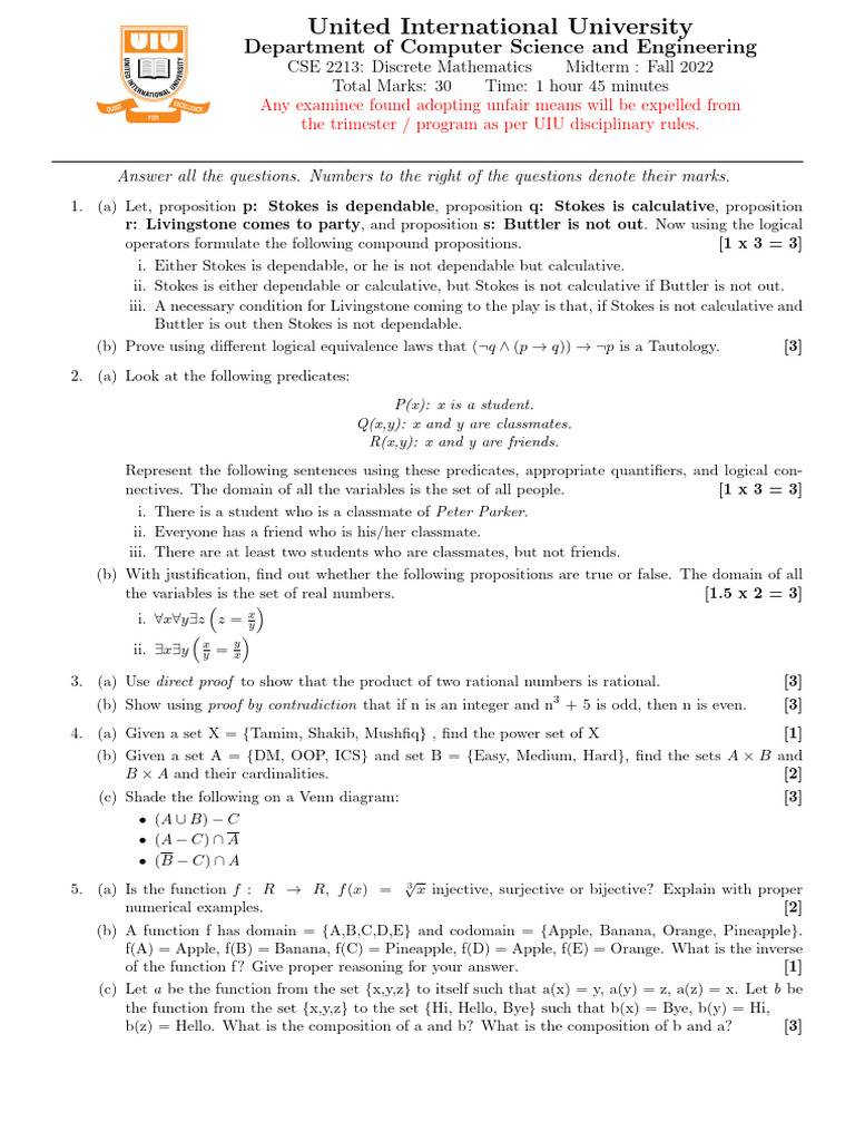 Fall 22 Mid Cse 2213 Uiu | PDF | Function (Mathematics) | Proposition