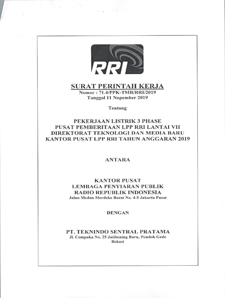 Pekerjaan Listrik 3 Phase Pusat Pemberitaan LPP Rri Lantai Vii Dit TMB Kantor Pusat Rri | PDF