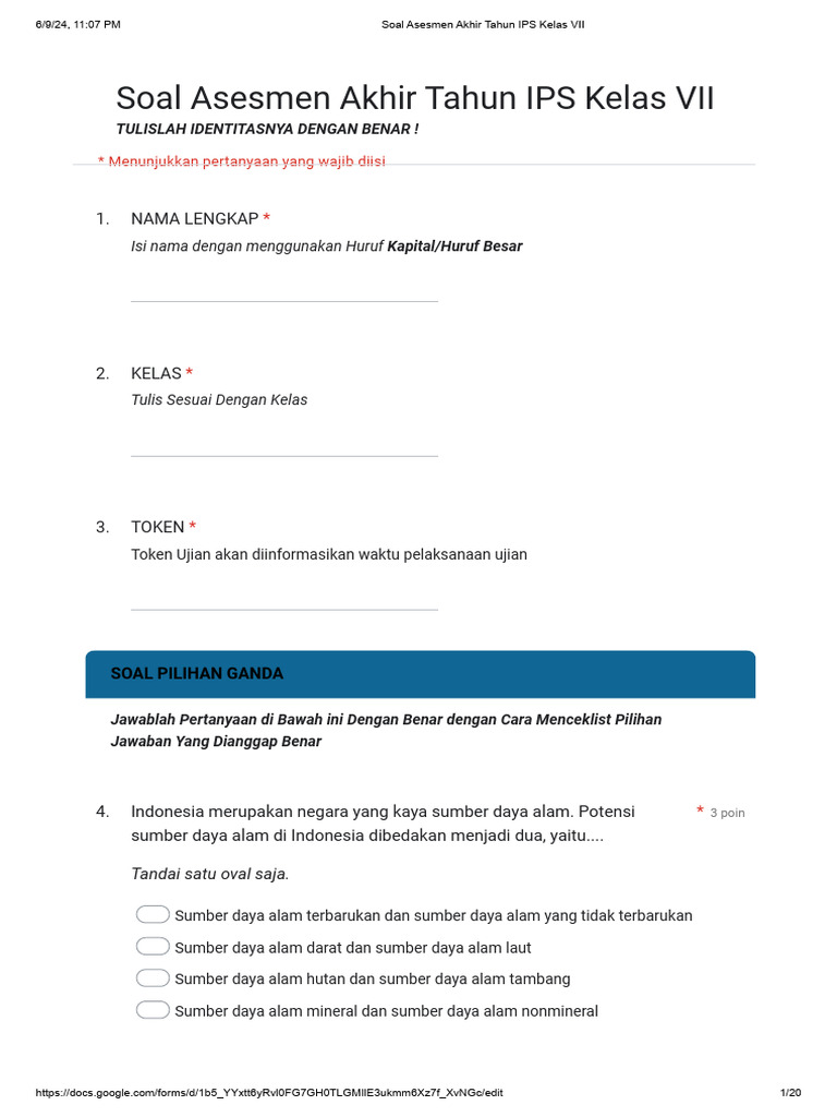 Soal SUMATIF AKHIR TAHUN IPS Kelas VII - Google Formulir | PDF | Sains & Matematika
