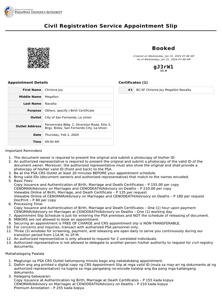 Civil Registration Service Appointment Slip | PDF